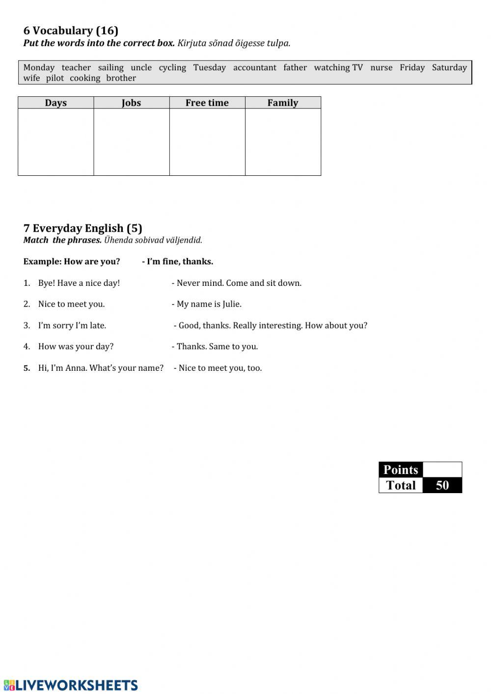 English A1 (Uni… | Free Interactive Worksheets | 5544959