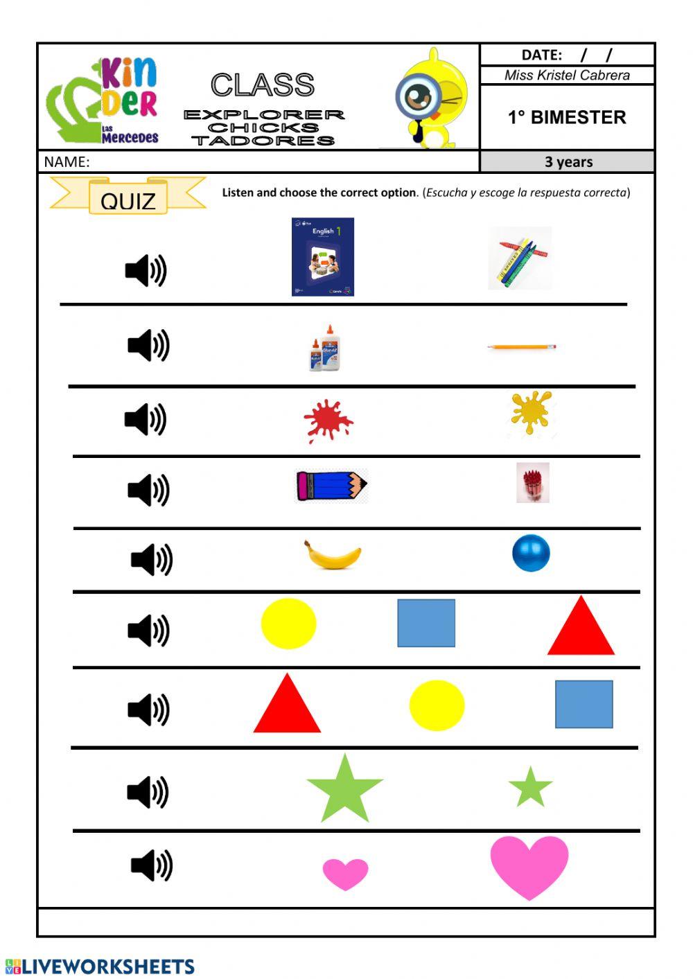 QUIZ I - 3 years worksheet | Live Worksheets