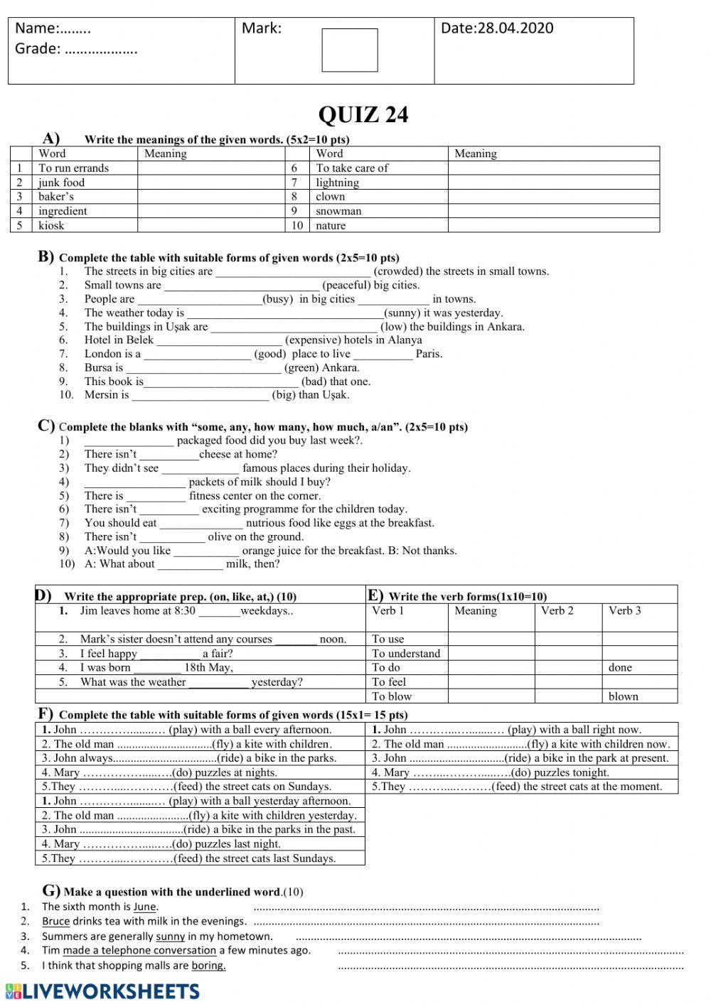 Grade 6 Quiz 24 worksheet | Live Worksheets