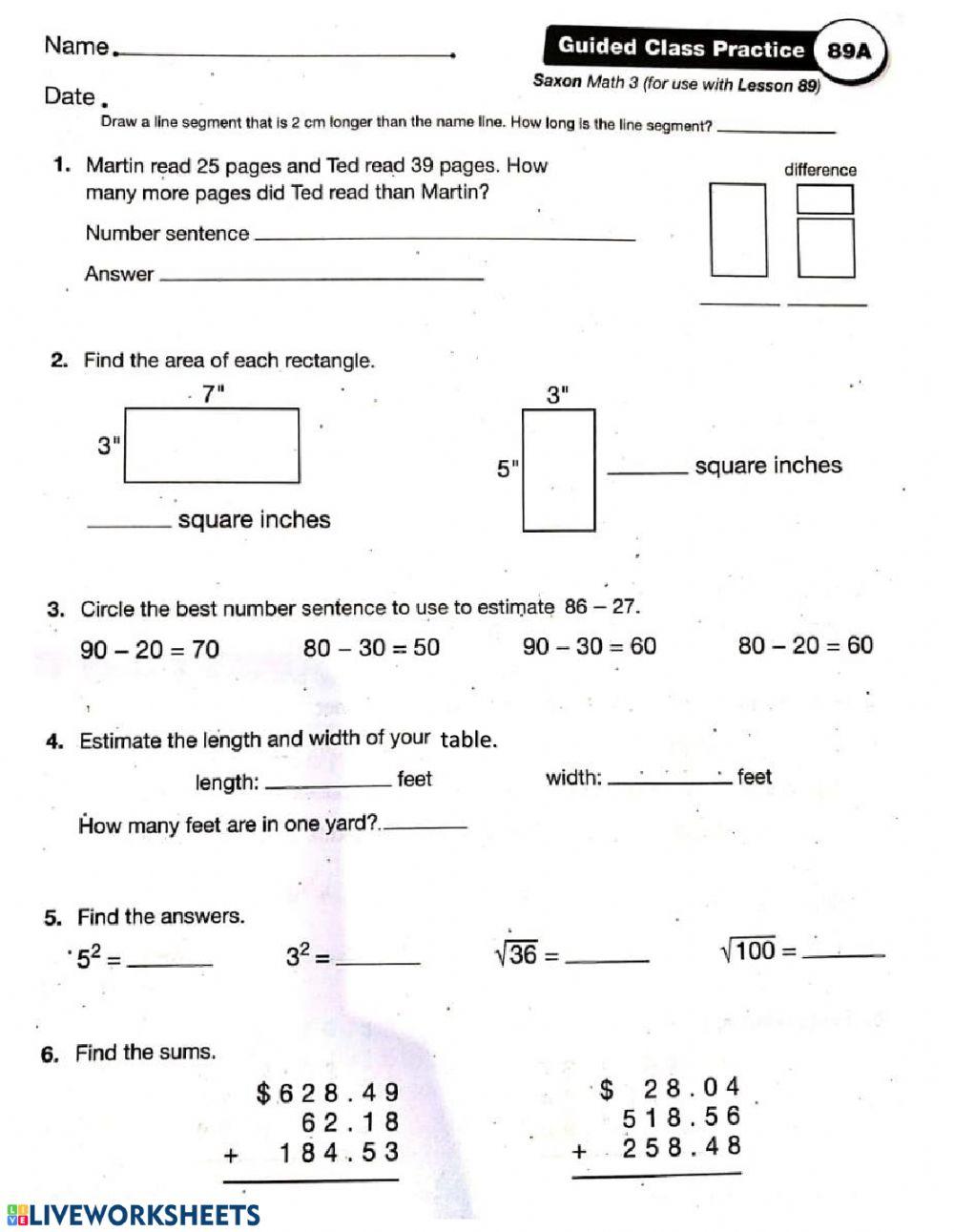 Saxon 89 worksheet | Live Worksheets