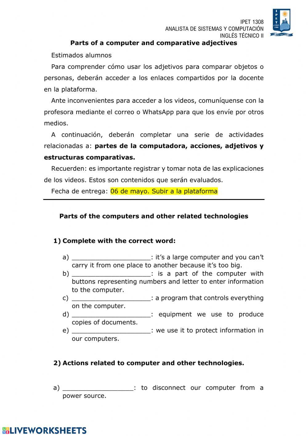 Describing computer and other technologies online exercise for | Live ...
