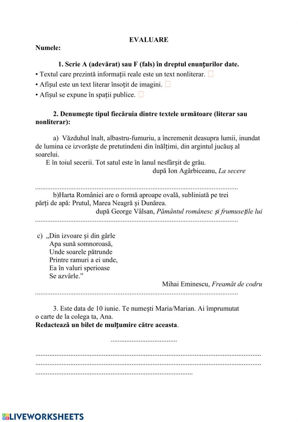 Evaluare-CLR Unitatea 9 interactive worksheet | Live Worksheets