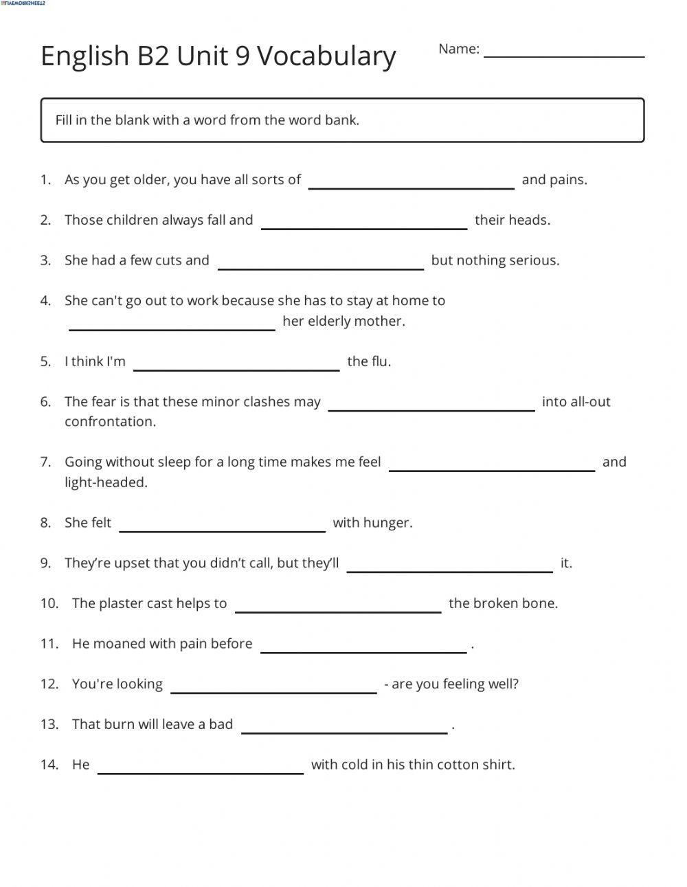 English B2 Vocabulary U9 1 worksheet | Live Worksheets