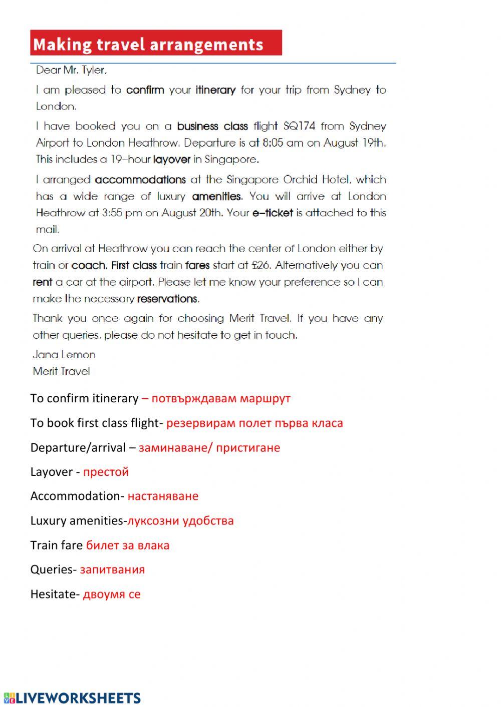 Travel arrangements worksheet | Live Worksheets