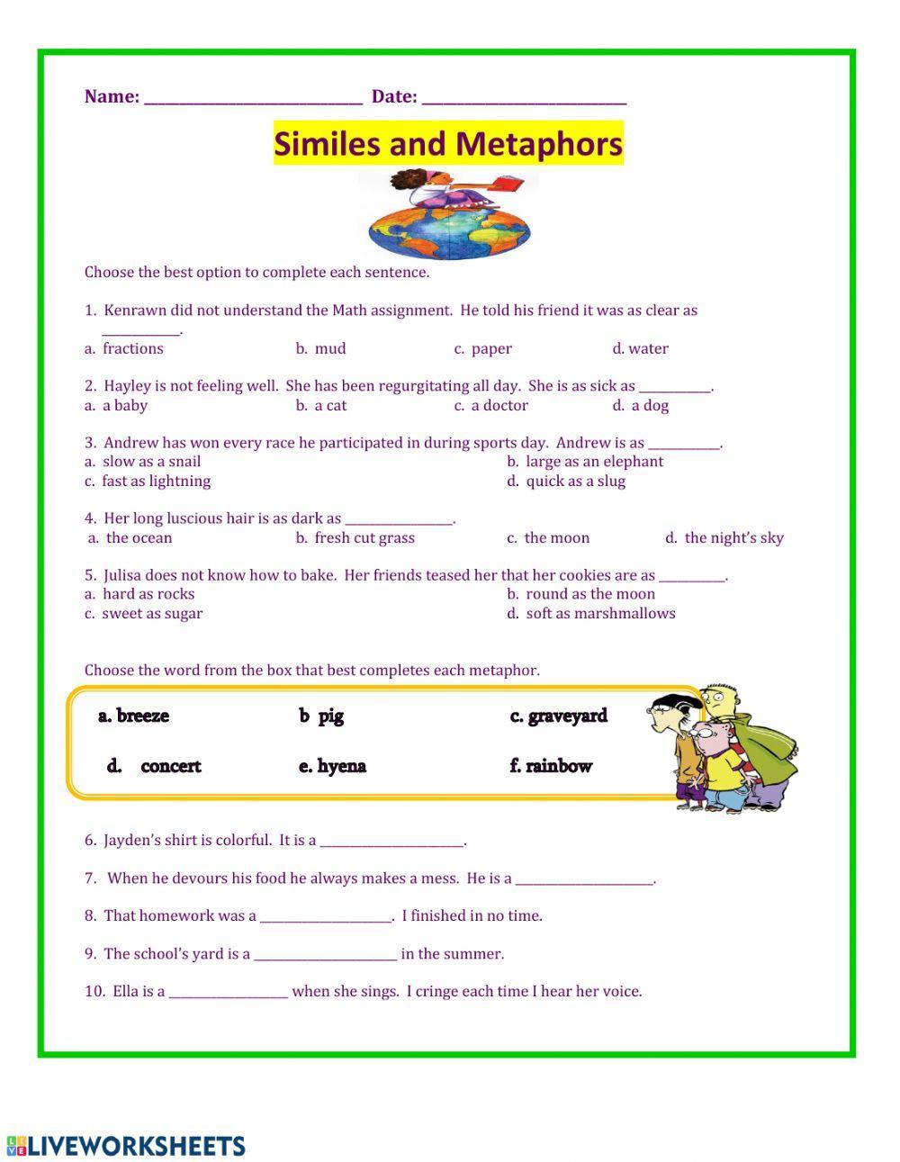 Similes And Metaphors Live Worksheets, 47% OFF Similes And Metaphors Live Worksheets, 47% OFF