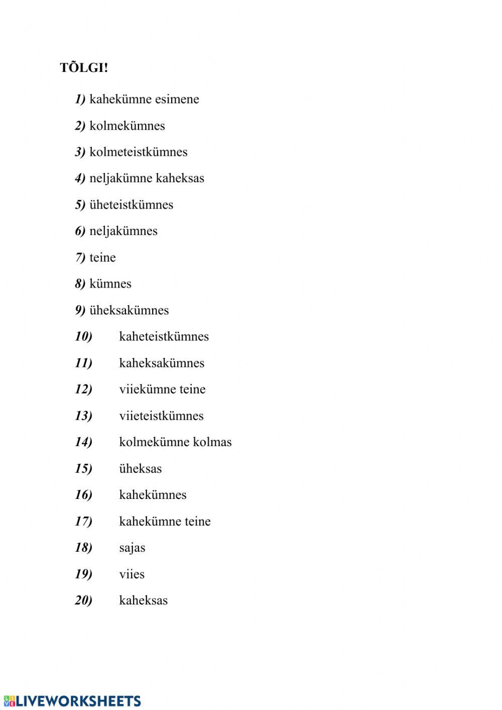 Ordinal numbers - from Estonian to English worksheet | Live Worksheets