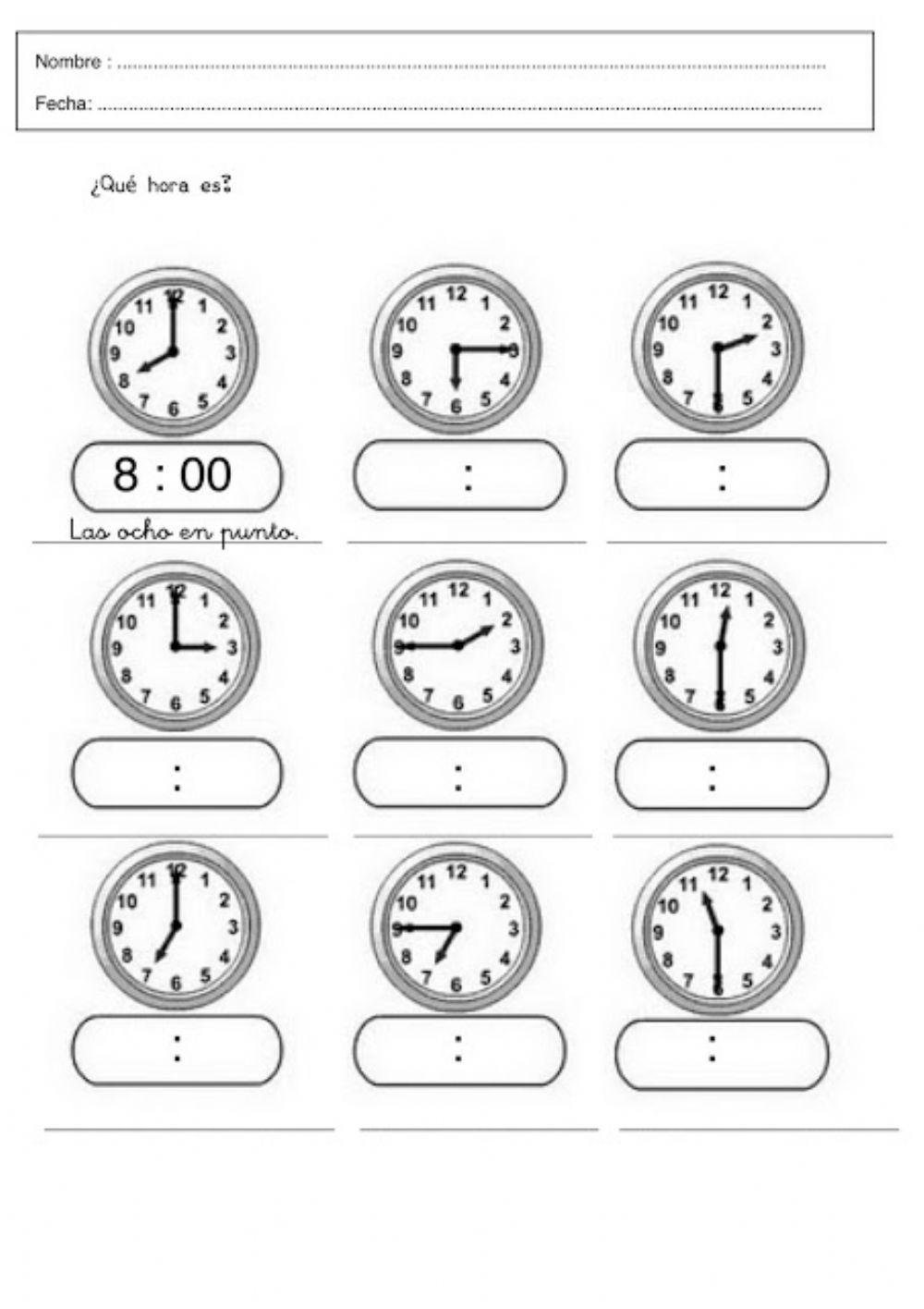 Horas. En punto, cuarto, y media, menos cuarto online exercise for ...
