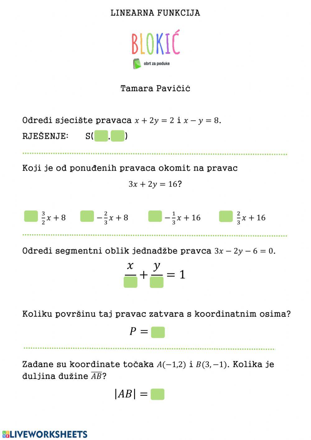 Linearna funkcija activity | Live Worksheets