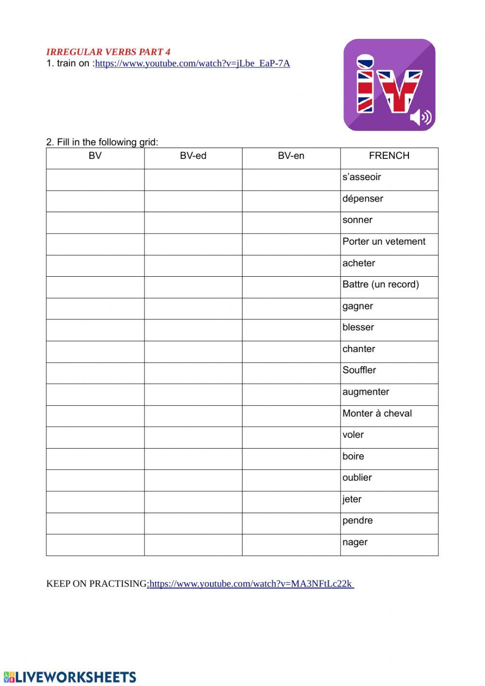 Irregular verbs part4 worksheet | Live Worksheets