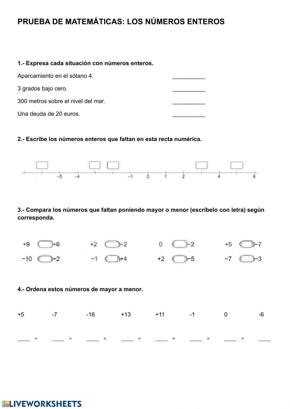 Números enteros | Free Interactive Worksheets | 118540