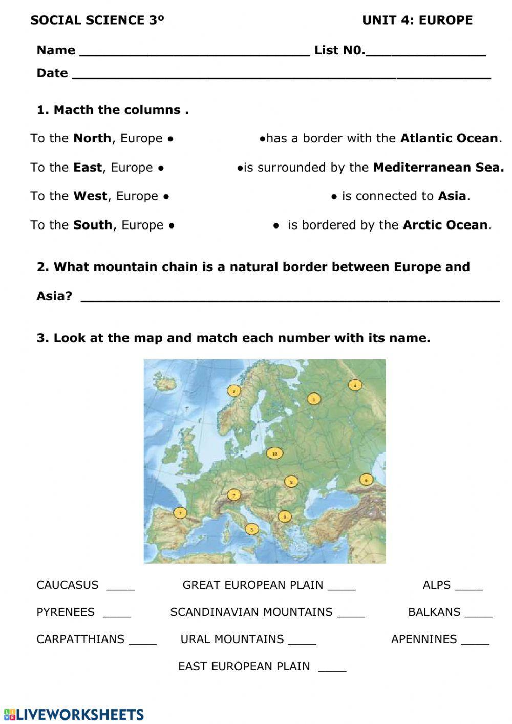 Europe test worksheet | Live Worksheets