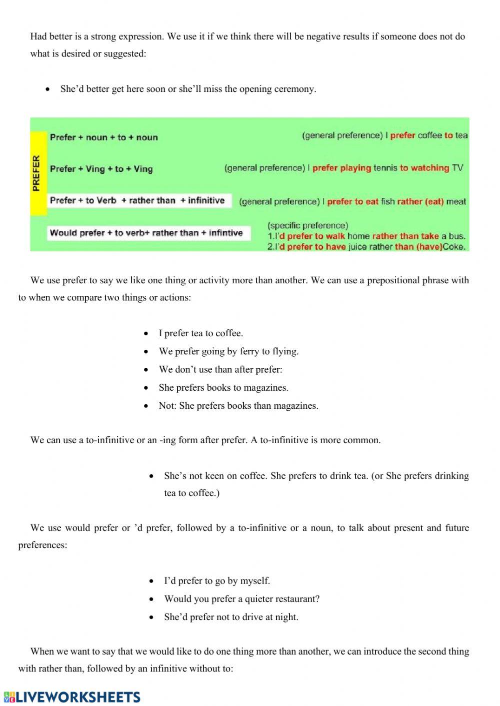 would prefer , had better, prefer online exercise for | Live Worksheets