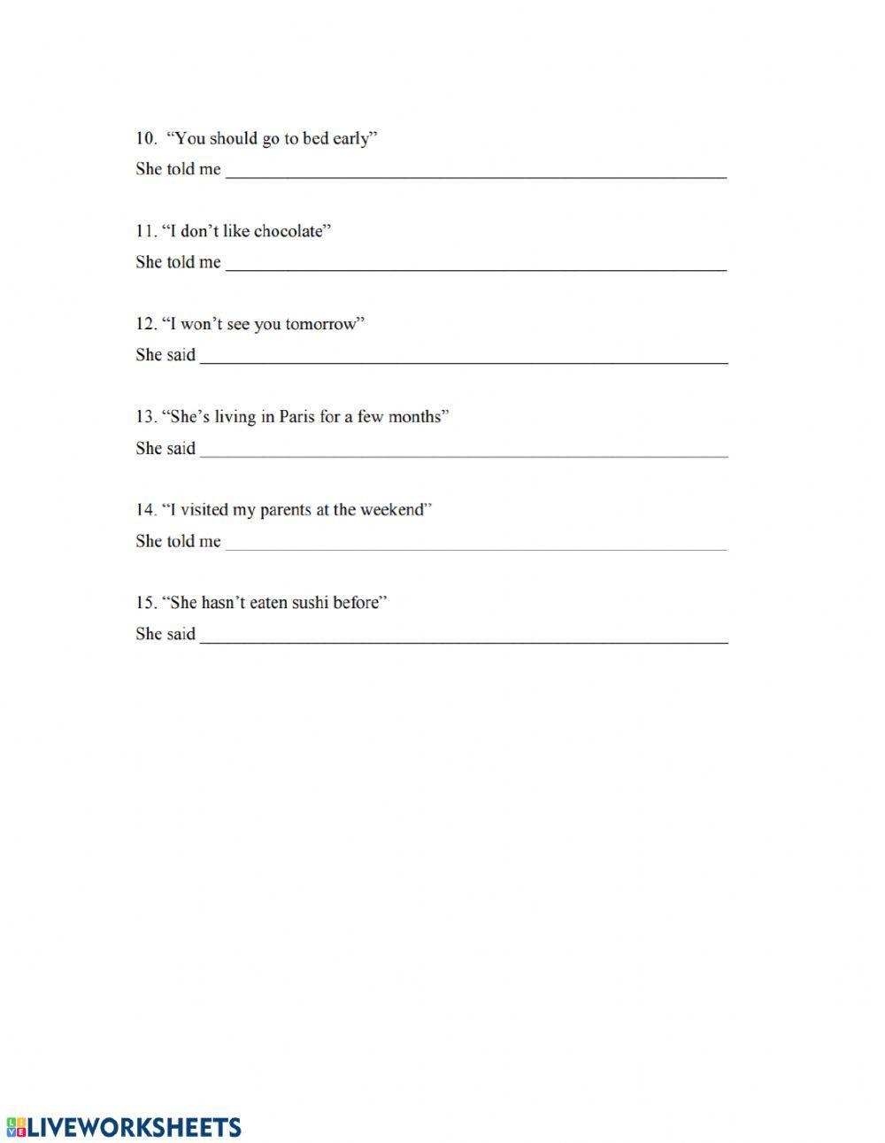 Reported speech worksheet for 8 | Live Worksheets