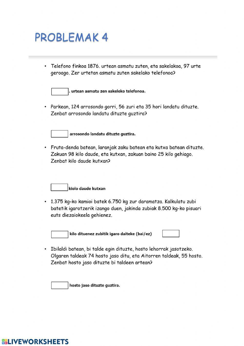 Problemak | Free Interactive Worksheets | 139994