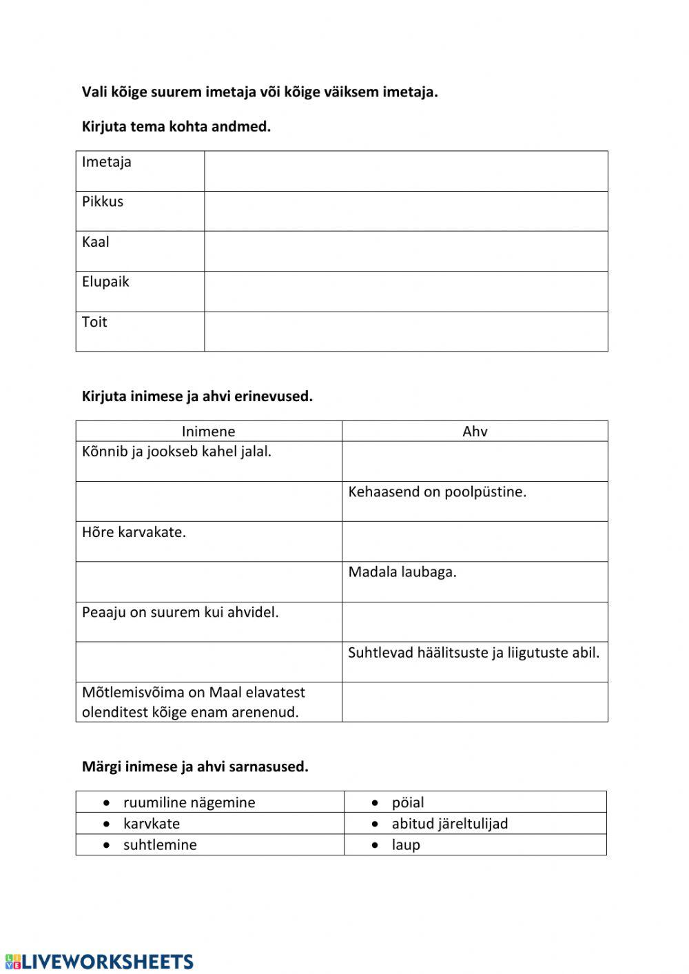 Inimene ja ahvid 140317 | Anu Vihur | Live Worksheets