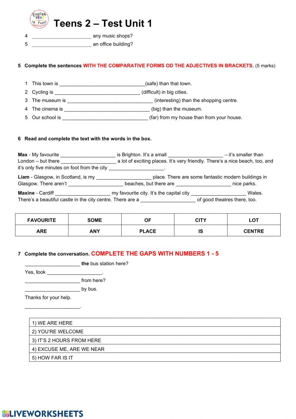 Teens 2 test unit 1 worksheet | Live Worksheets