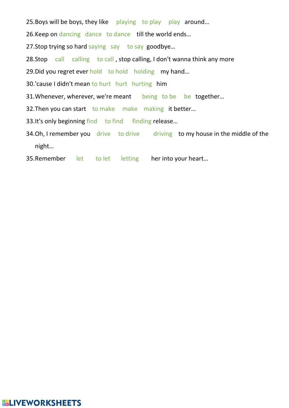 Verb patterns i… | Free Interactive Worksheets | 80835