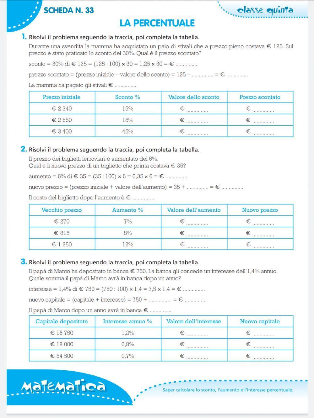Sconto, aumento e interesse worksheet | Live Worksheets