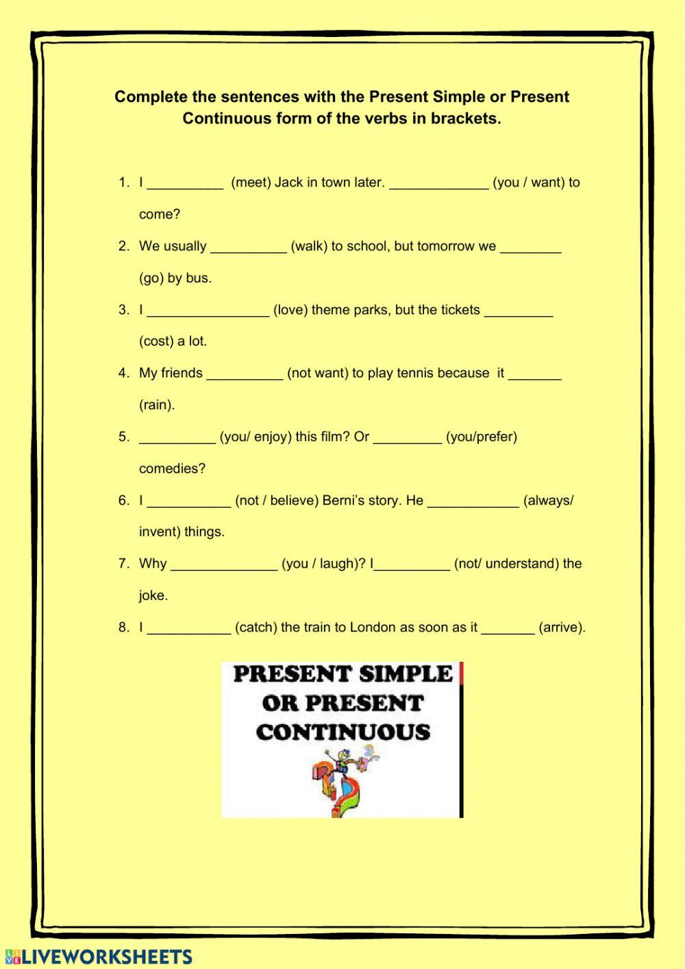 Present Simple or Present Continuous interactive activity | Live Worksheets