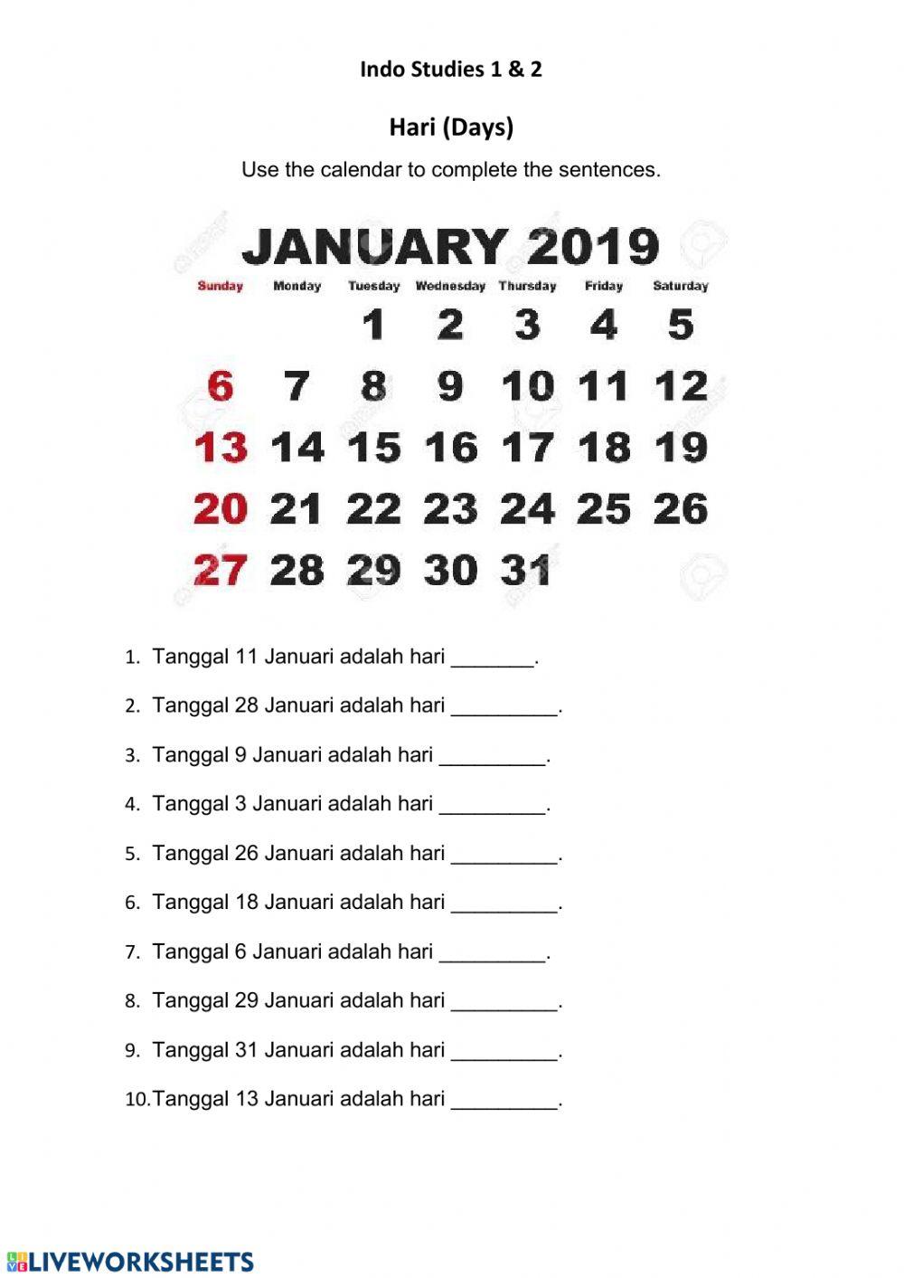 Nama-nama hari | Free Interactive Worksheets | 141636