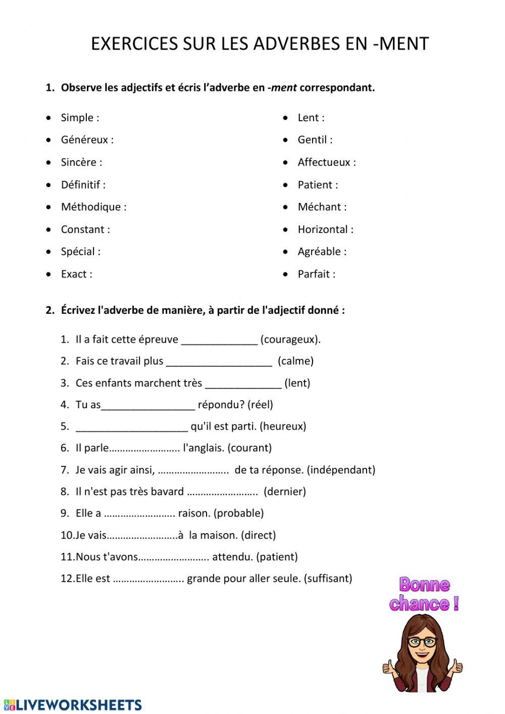 Les adverbes en… | Free Interactive Worksheets | 5559576