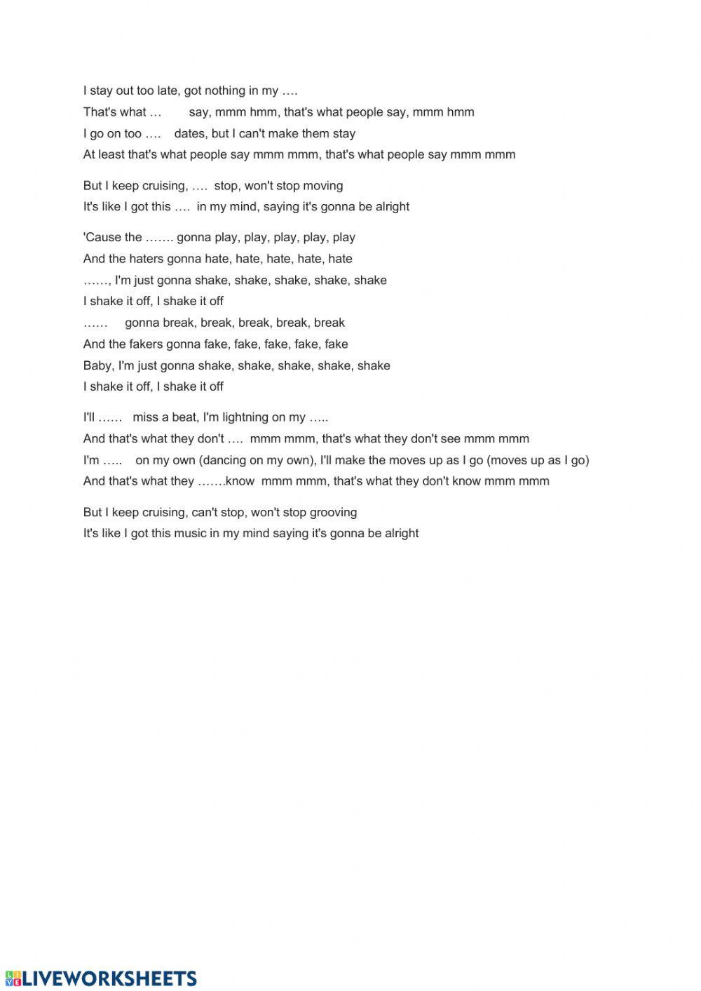 Shake it off worksheet | Live Worksheets