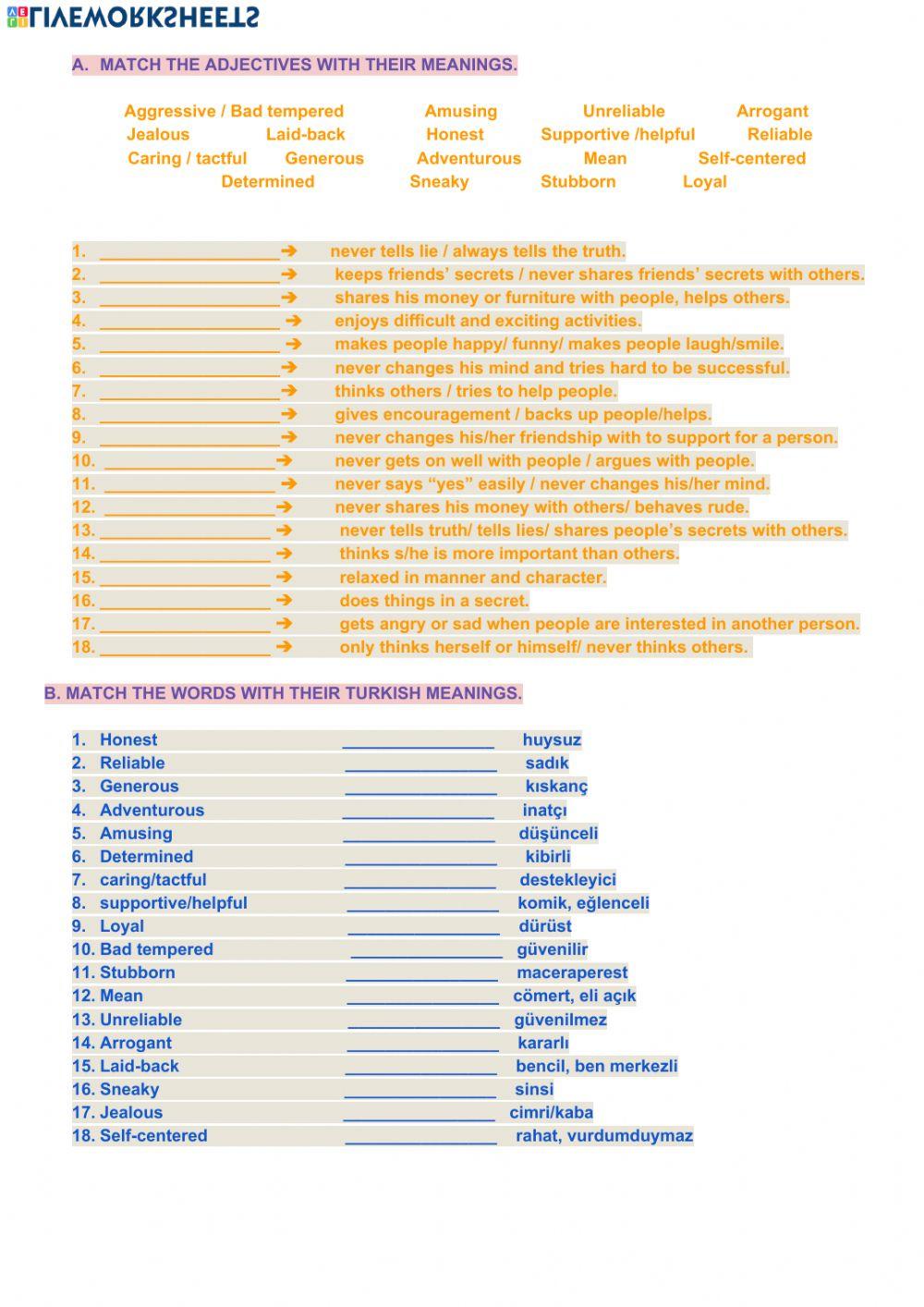 8th grade unit 1 friendship adjectives worksheet | Live Worksheets