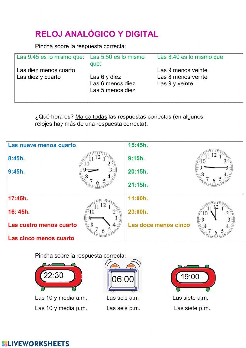 Reloj analógico y digital worksheet | Live Worksheets