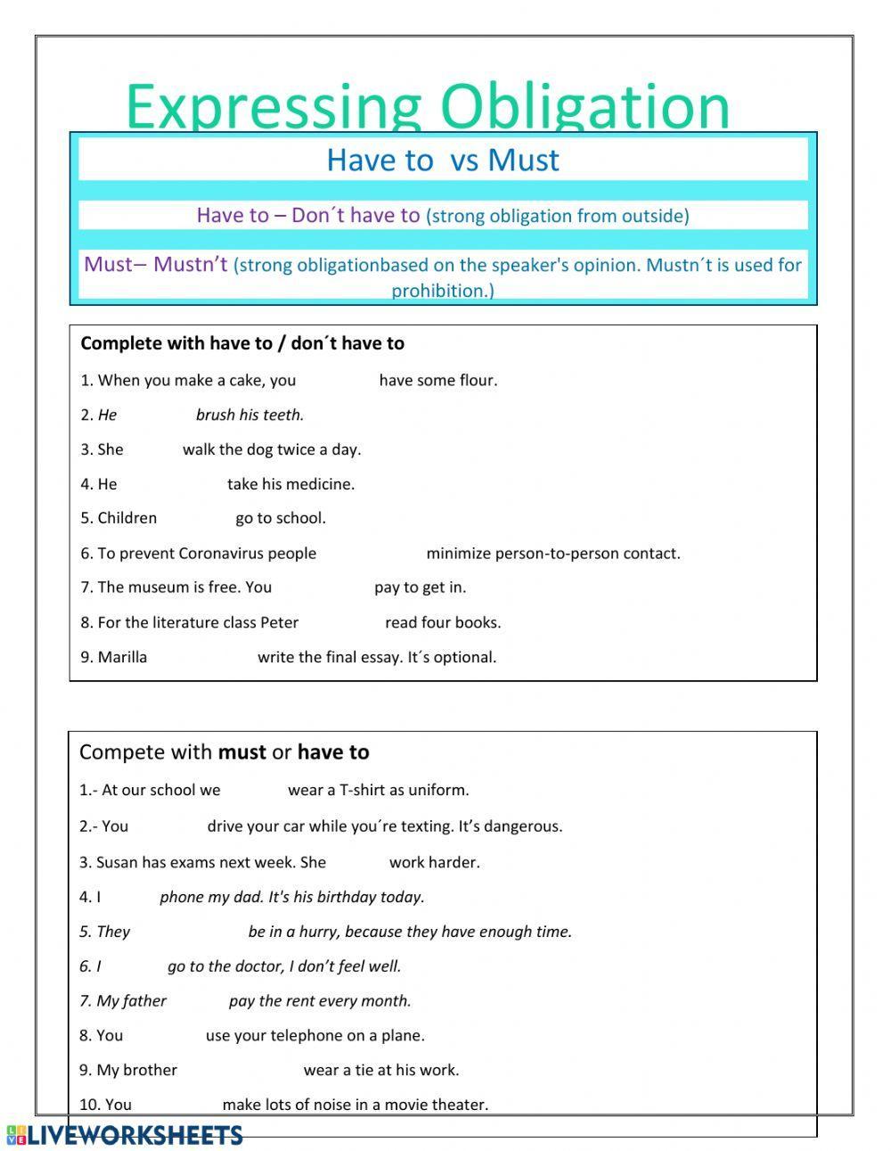 Obligation | Free Interactive Worksheets | 81959