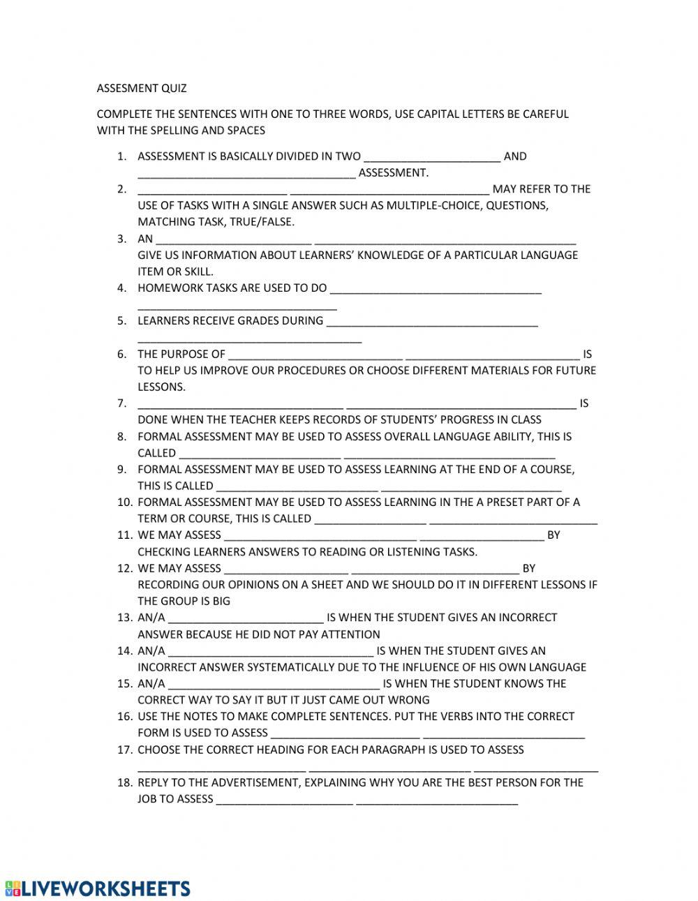 Assessment quiz worksheet | Live Worksheets