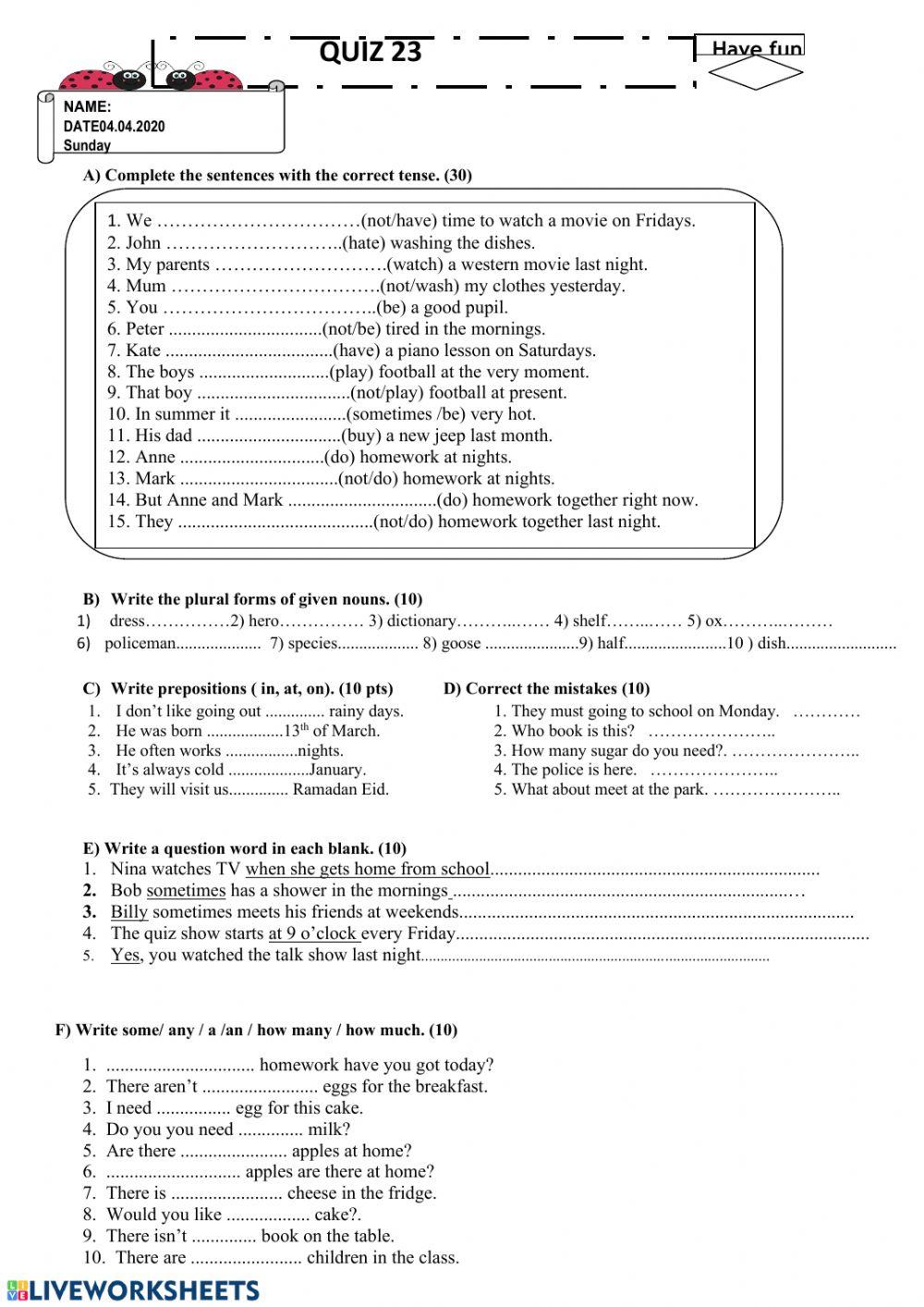 Quiz 23 | LiveWorksheets | 82041