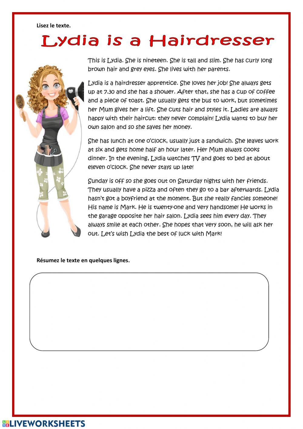 Lydia is a hair… | Free Interactive Worksheets | 82588