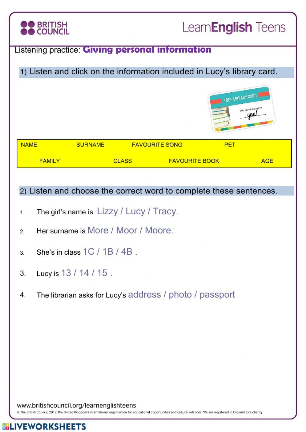 PERSONAL INFORMATION- LISTENING PRACTICE worksheet | Live Worksheets