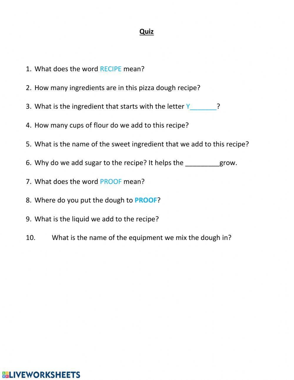 Recipes interactive worksheet | Live Worksheets