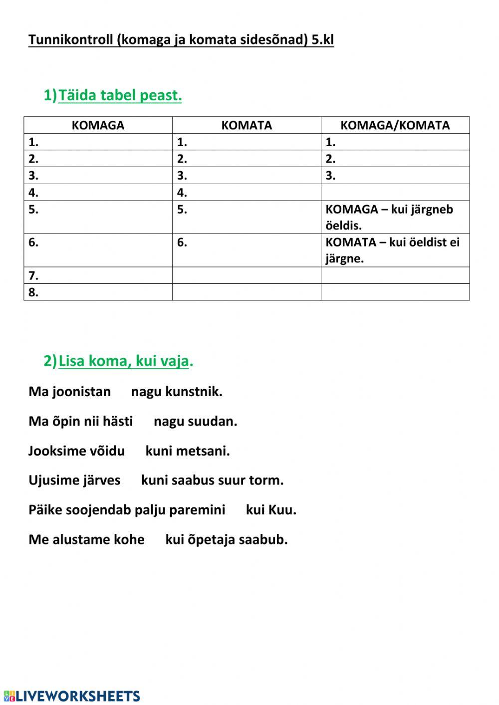 Tunnikontroll (komata ja komaga sidesõnad, õ lk 122) 5. kl online ...