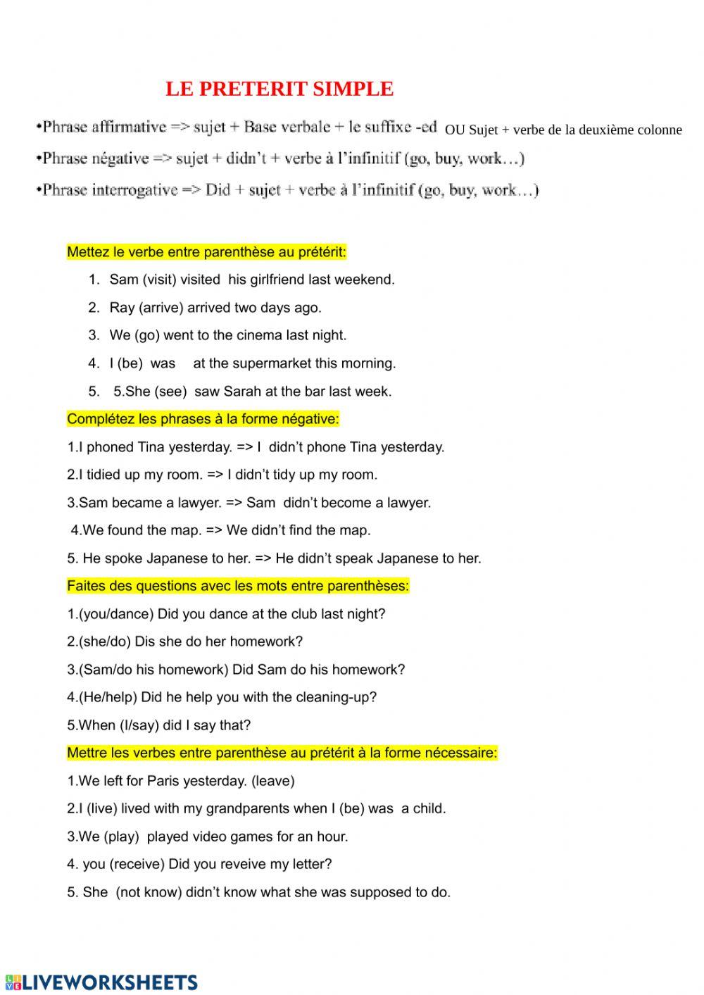 Prétérit simple | Free Interactive Worksheets | 84535