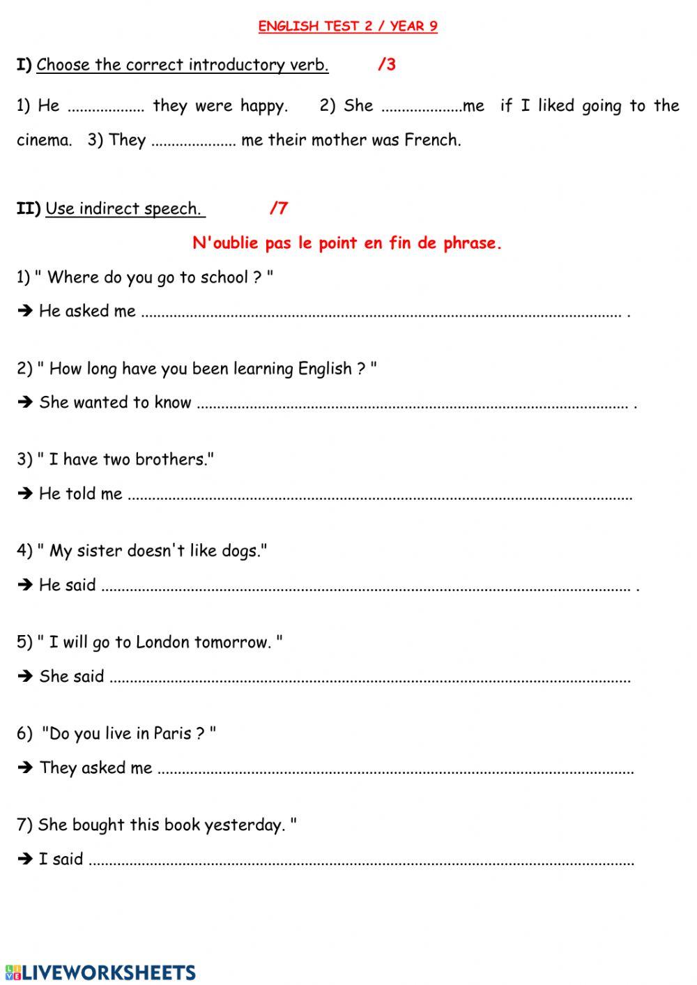Reported speech Test 84615 | LEFRANC Laetitia