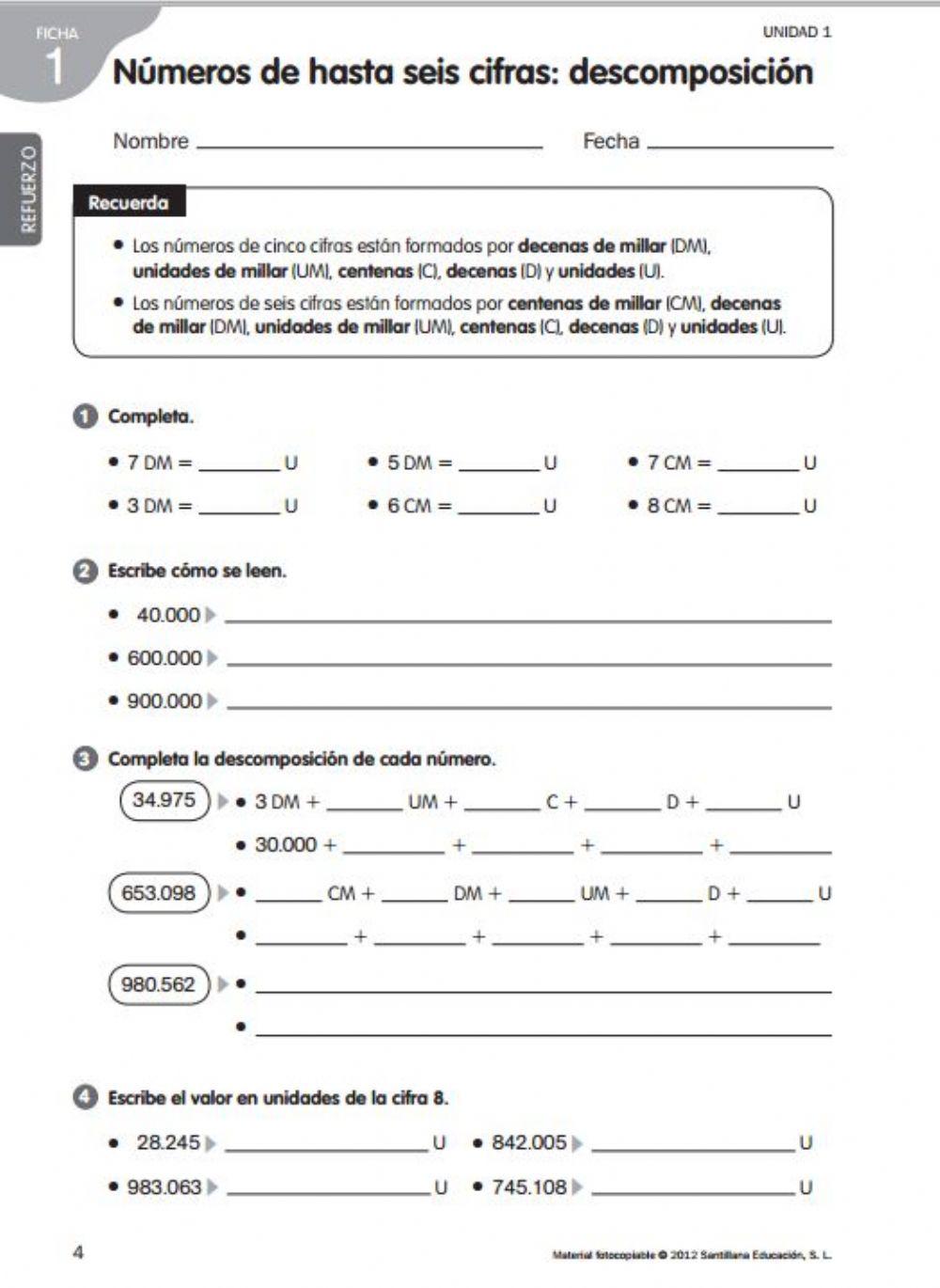 Descomposición números de seis cifras worksheet | Live Worksheets