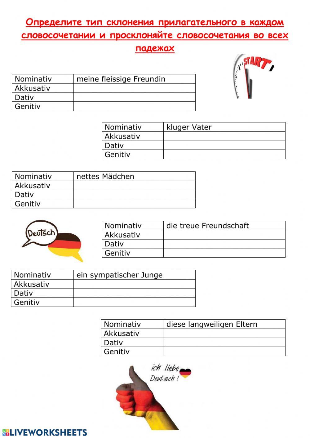 Склонение прилагательных в немецком языке Worksheet Live Worksheets