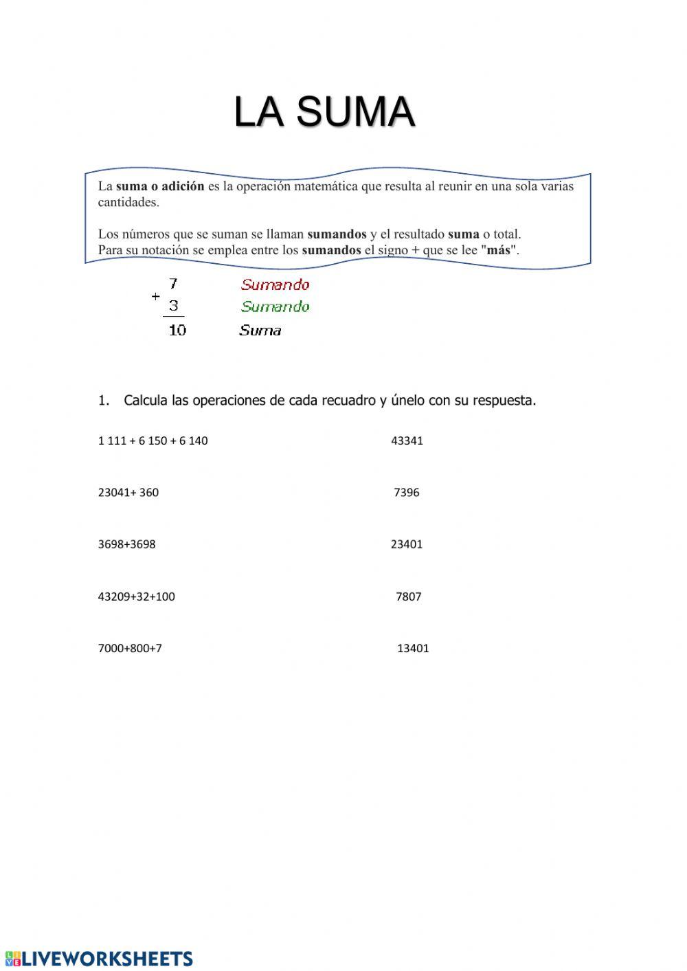 La suma worksheet | Live Worksheets