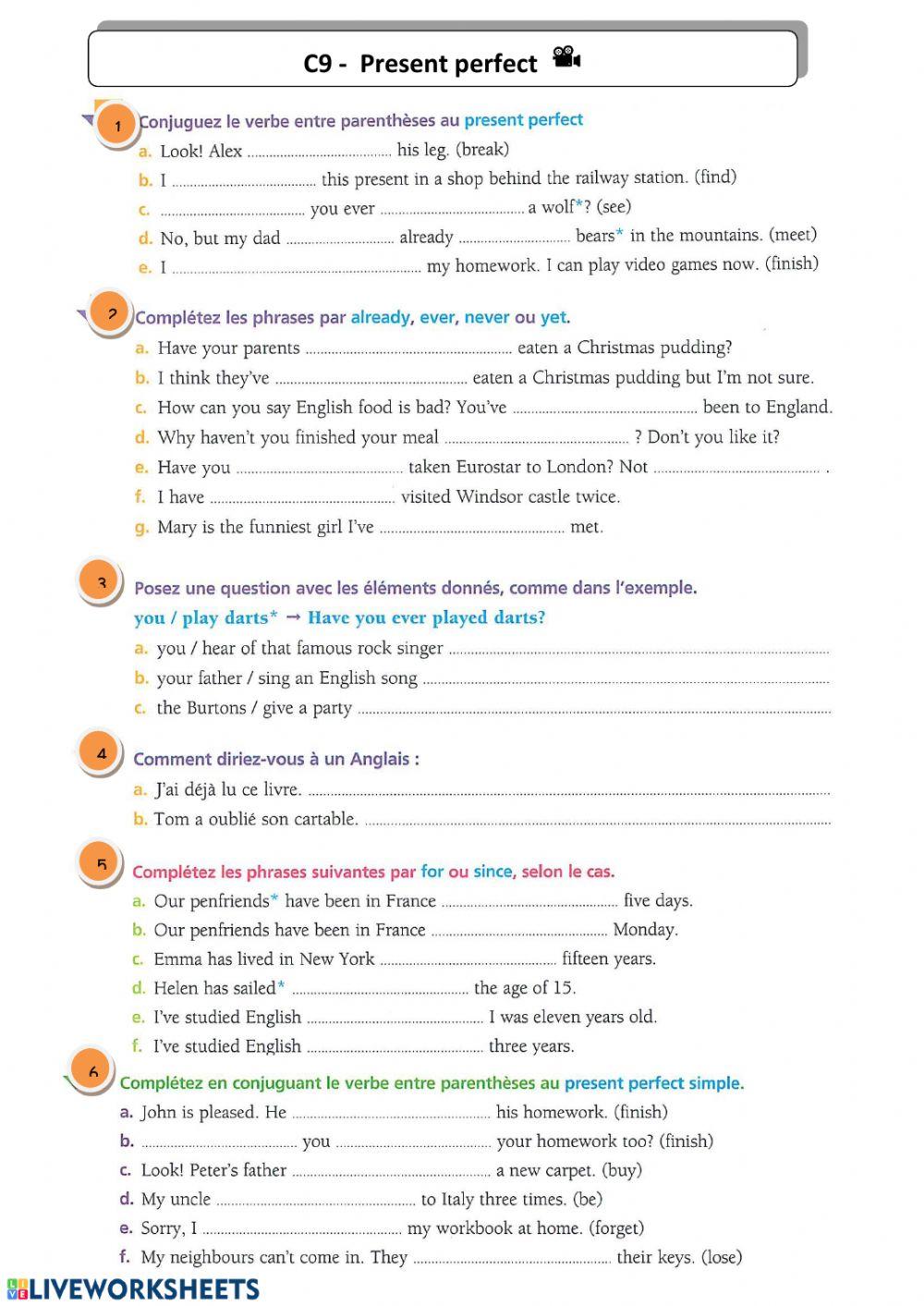 Present perfect p.1 (exercises) worksheet | Live Worksheets