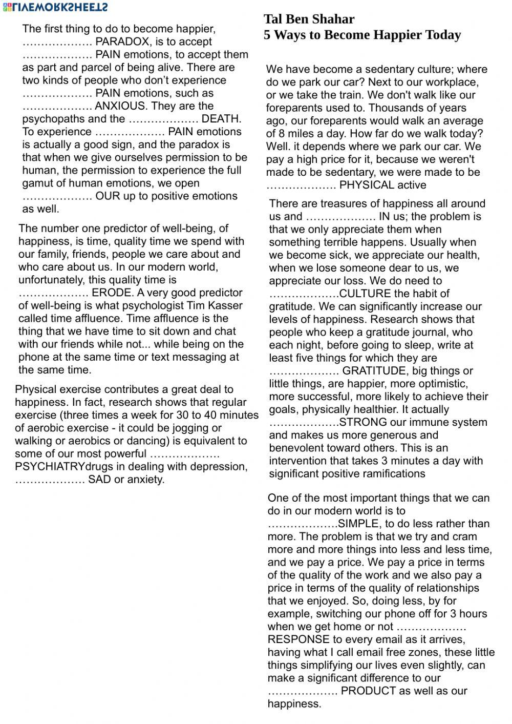 5 Ways to become happy worksheet | Live Worksheets