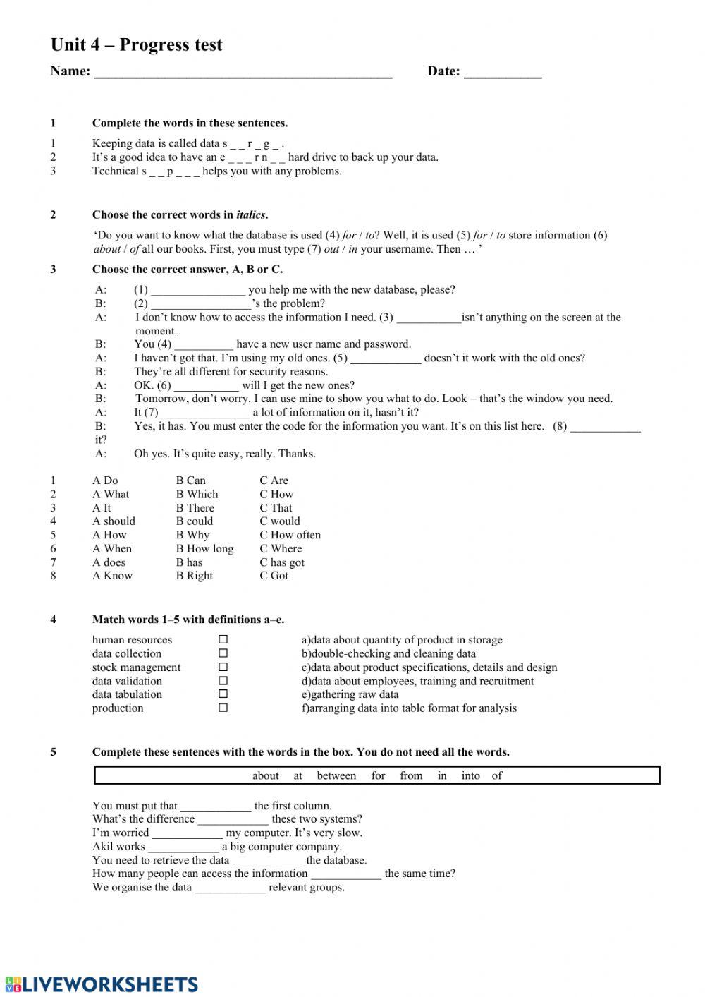 IT 1 - Progress test 4 - Databases worksheet | Live Worksheets
