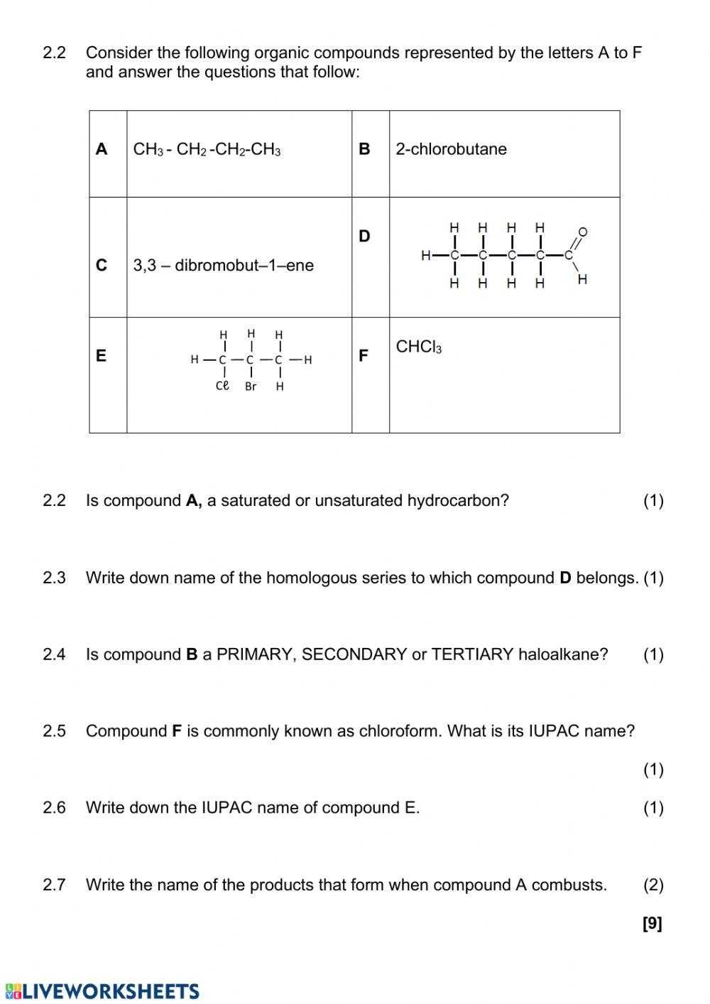 Organic chem test part 1 worksheet | Live Worksheets