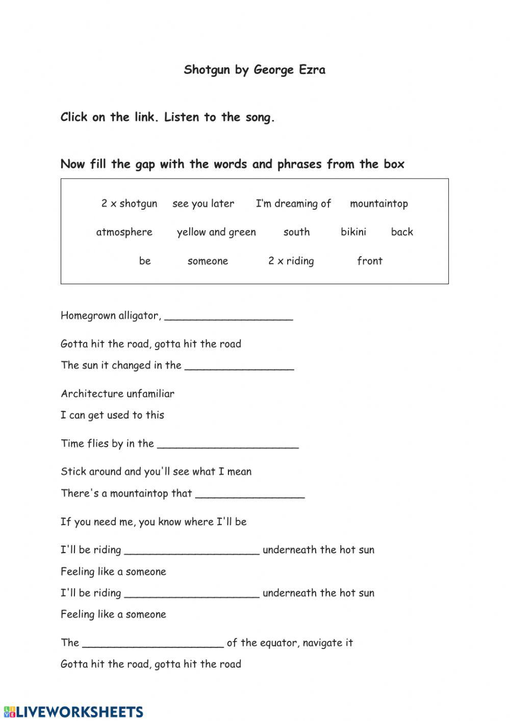 Shotgun by George Ezra online exercise for | Live Worksheets