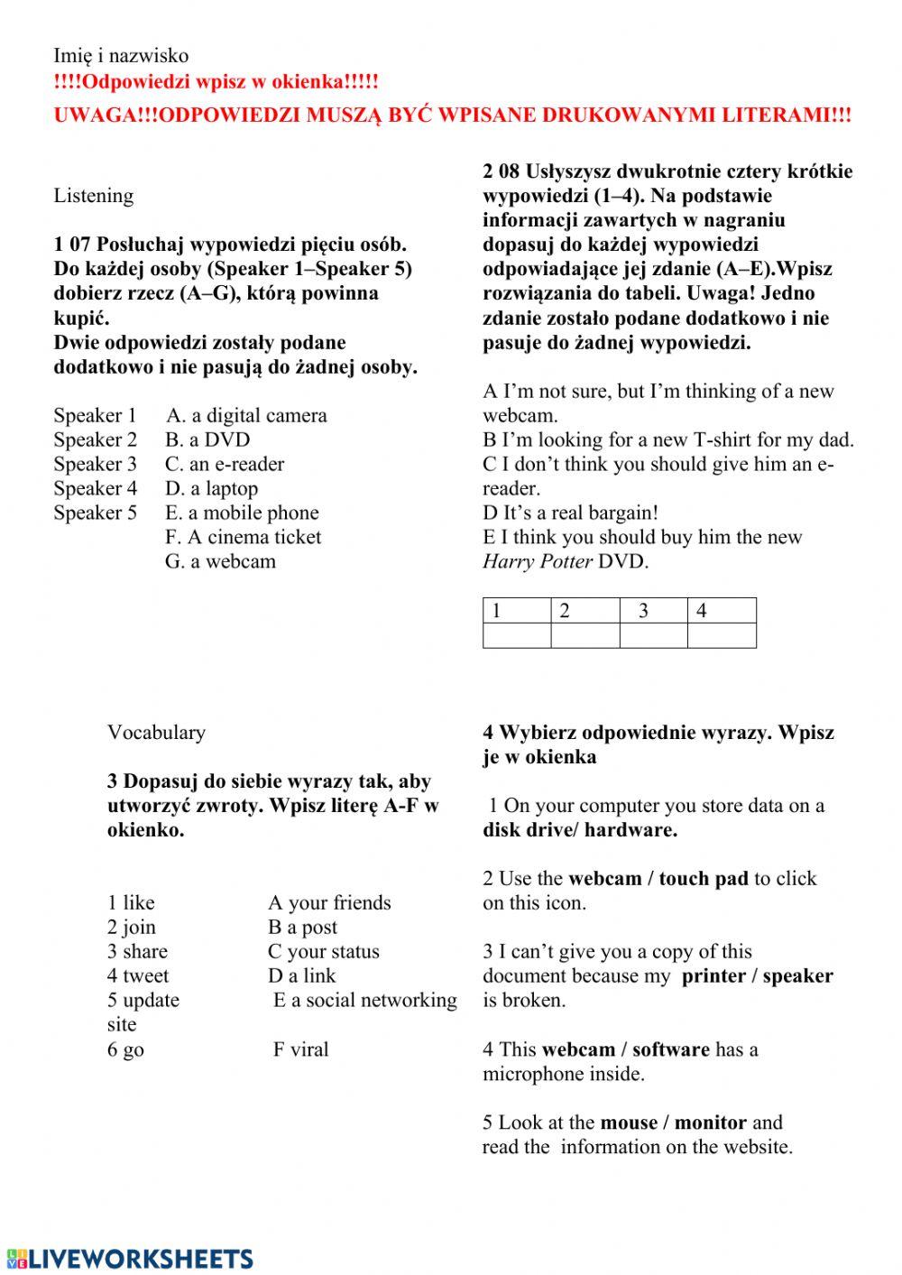 Test unit 6 new voices worksheet | Live Worksheets