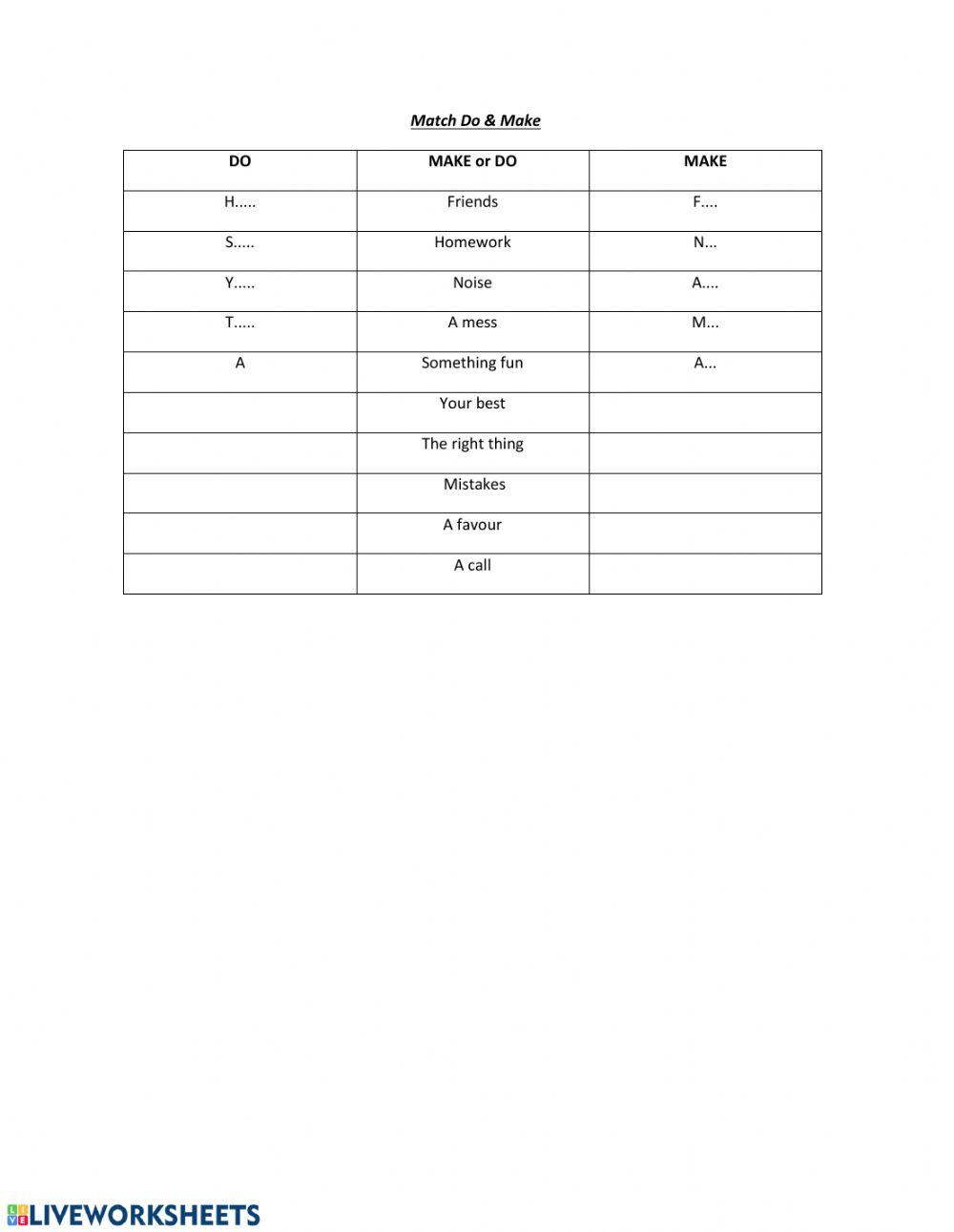 Make&Do Match interactive worksheet | Live Worksheets