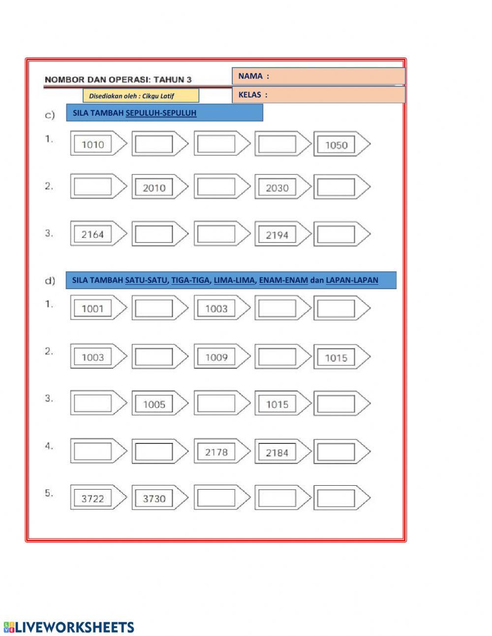 Bilang nombor worksheet | Live Worksheets
