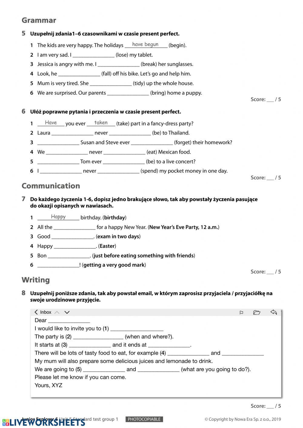 Junior explorer 6 Test unit 5 online exercise for | Live Worksheets