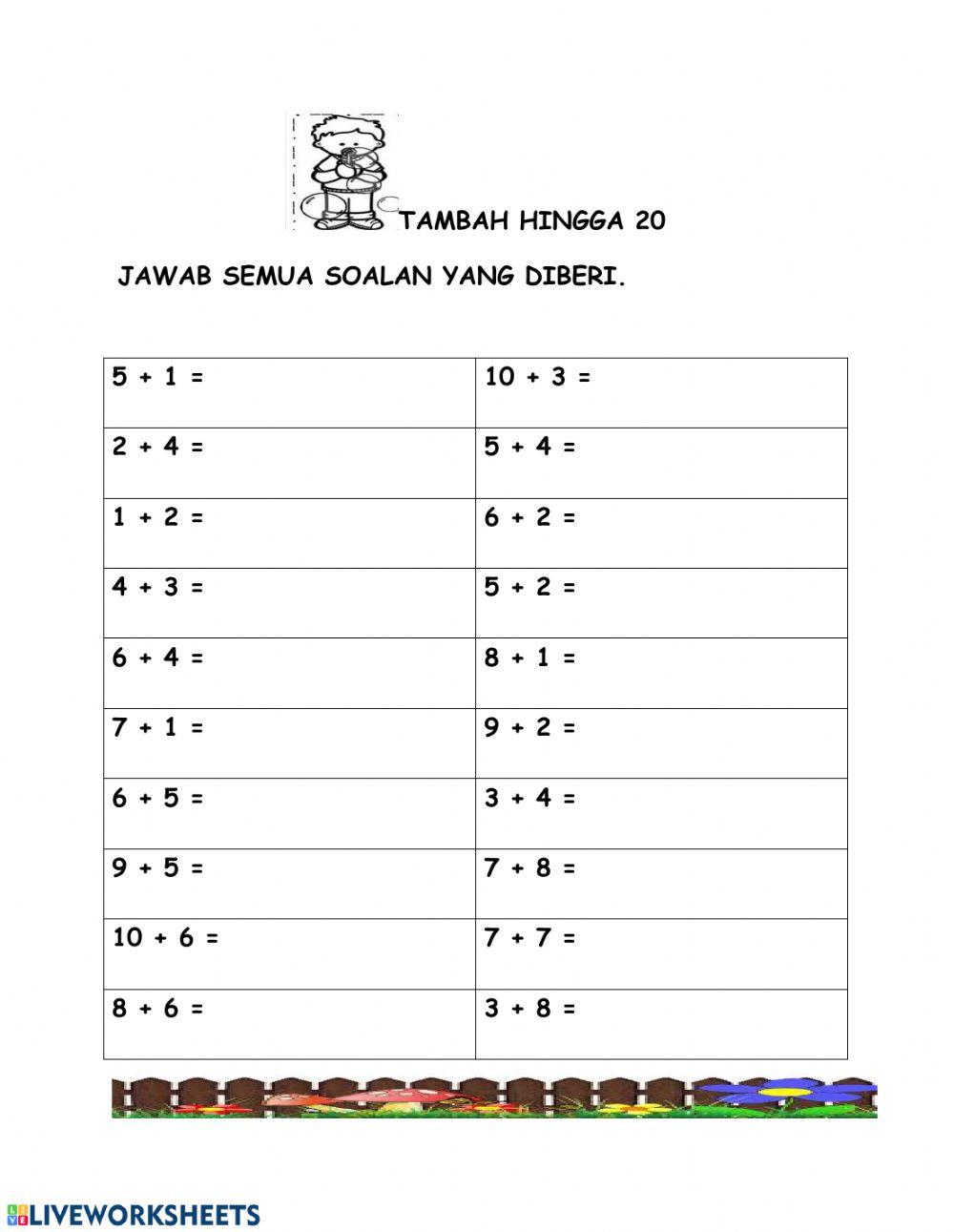 Tambah hingga 20 worksheet | Live Worksheets